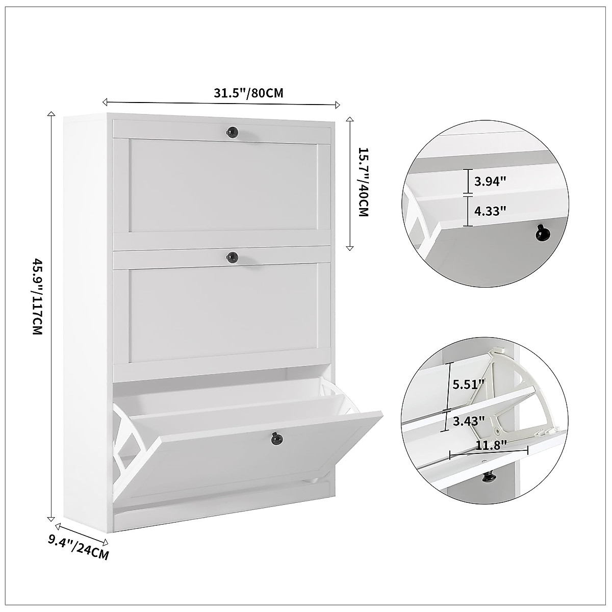 VOWNER Shoe Cabinet with 3 Flip Drawers, Freestanding Shoe Storage Cabinet with Adjustable Shelf & Anti-Tipping Device, Shoe Rack for Entryway, Hallway, Living Room (White)