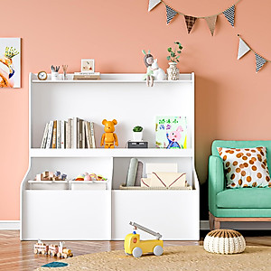 Azheruol Cubby Toy Storage Cabinet 3 Tier Wooden Children Bookcase,Toy and Book Storage Organizer Shelf for Playroom, Bedroom, Living Room, Nursery, School (White)