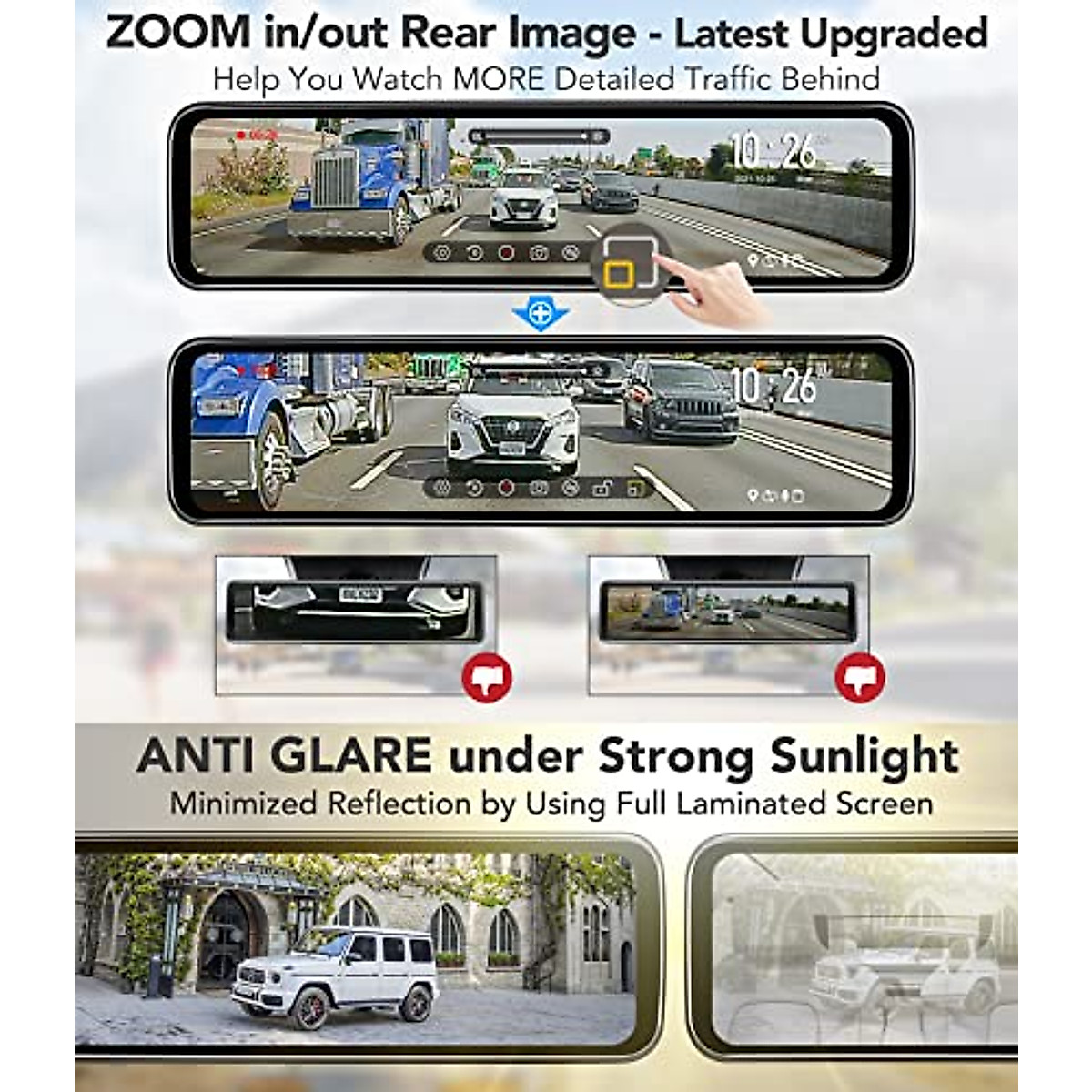 URVOLAX Mirror Dash Cam 11'' Backup Camera,Rear View Mirror Camera with Detached Front and Rear Cam for Car,Anti Glare Full HD Split Screen 1296P,Night Vision,Parking Assist,GPS,SD Card