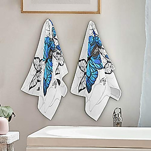 Oreayn Blue and White Butterfly Hand Towel for Bathroom Kitchen Beach Polyester Cotton Set of 2 Morpho Butterflies Fingertip Towel Soft Absorbent 28.3 x 14.4 Inch