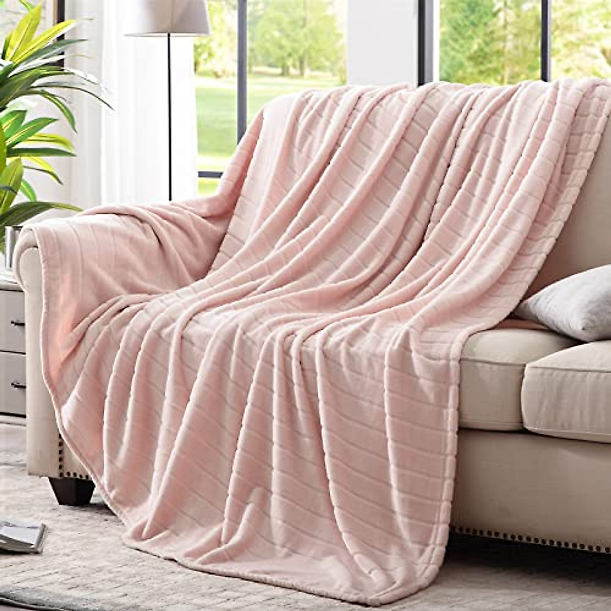 Bertte Plush Throw Blanket Super Soft Fuzzy Warm Blanket | 330 GSM Lightweight Fluffy Cozy Luxury Decorative Stripe Blanket for Bed Couch - 60"x 80", Pink