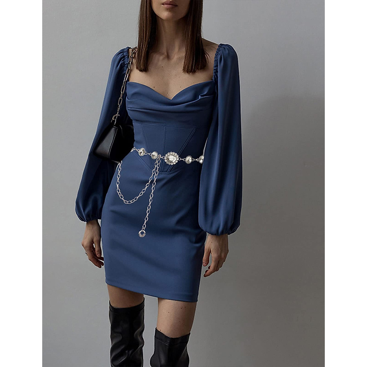 BEMYLV Silver Rhinestone Chain Belt Sparkly Bling Crystal Waist Chains for Women Dresses Girls Fashion