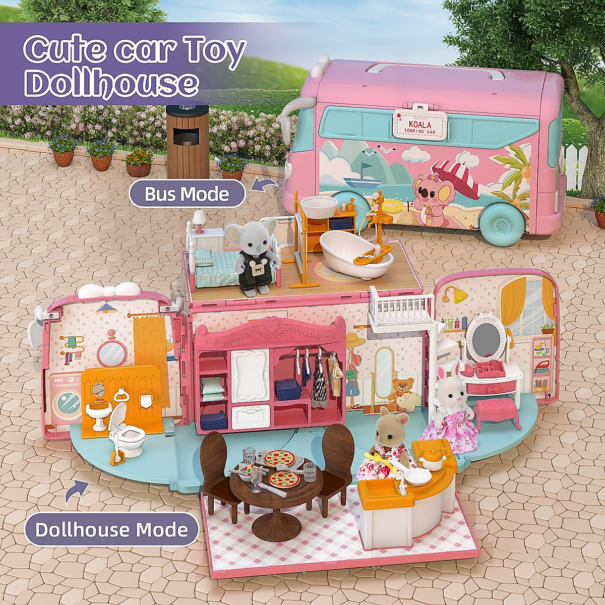 MITCIEN Dollhouse Playset, DIY Pretend Portable Caravan Camper Bus Toy Kit with Little Critters Bunny Dolls Mini Cottage House Set Camping Family Toys for Toddler 3 4 5 6 Year Old Girl