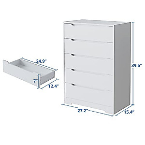 Cozy Castle 5 Drawer Chest, Mid Century Nightstand with Cutout Handle, Accent Drawer Dresser, Wood Storage Cabinet with Drawers for Bedroom Living Room Home Office Entry, White