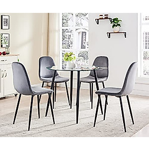 STYLIFING Dining Table Set for 4 Modern 5 Pieces Dining Room Set Mid Century Round Tempered Glass Kitchen Table and 4 Deep Grey Modern Velvet Fabric Upholstered Kitchen Chair with Metal Legs