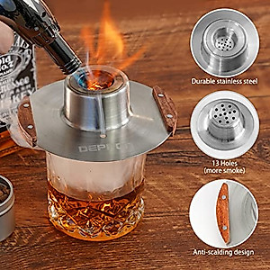 Cocktail Smoker Kit with Torch, Deppon Stainless Steel Smoker Top with 4 Kind of Wood Chips for Whisky and Bourbon, Old Fashioned Drink Smoker Kit for Home Bar Gift for Men, Dad, Husband (No Butane) (Silver)