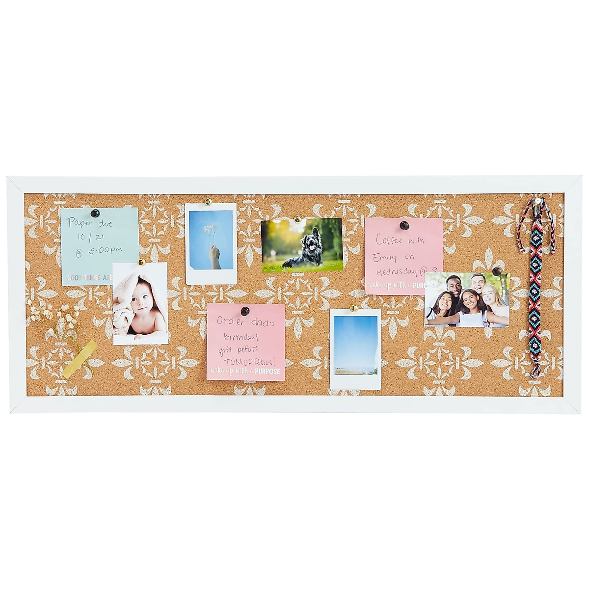 Long Decorative Cork Board for Walls, White Framed Tack Bulletin Board with Floral Print for Bedroom, Dorm Room (10 x 24 in)