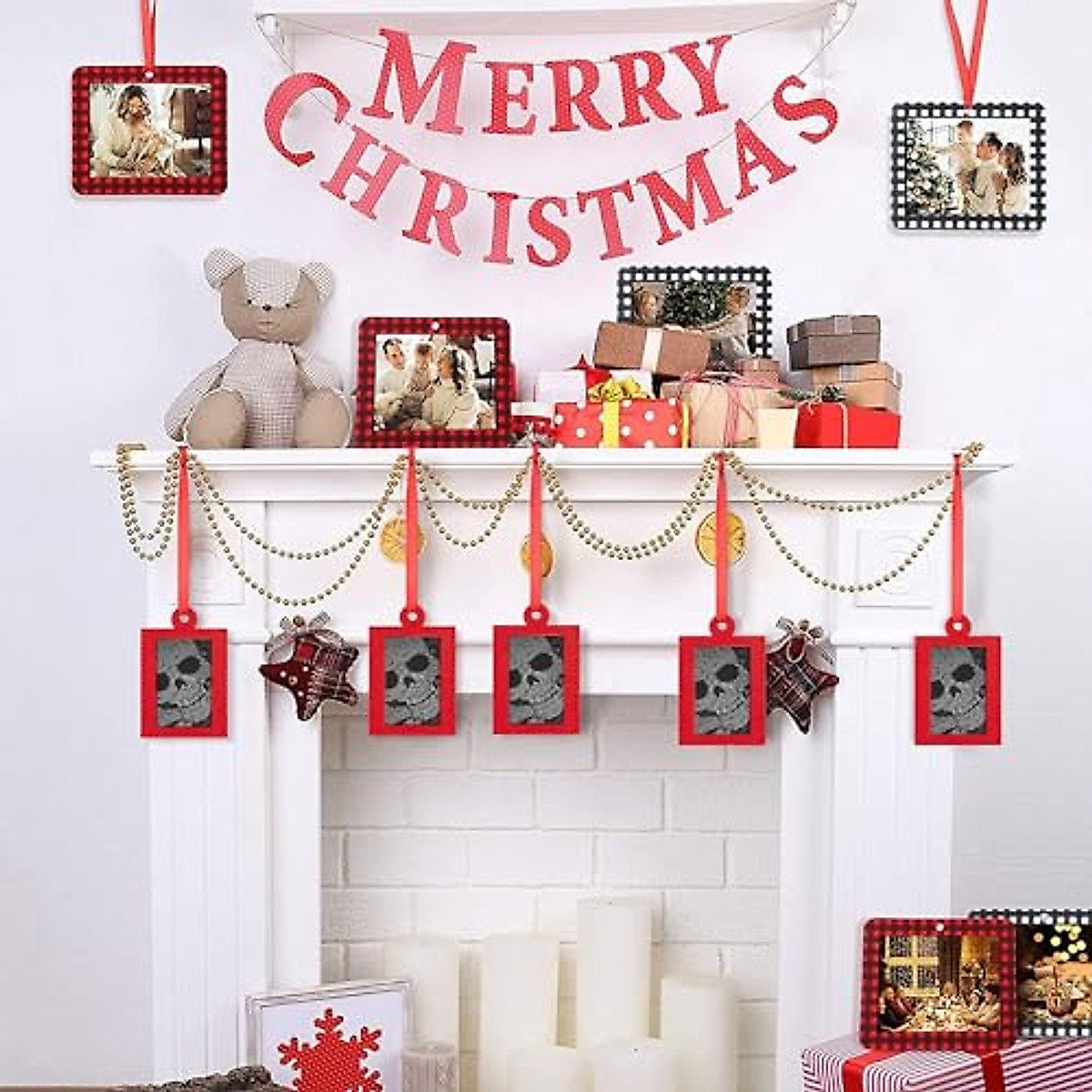 Ethnic Pattern Skull Christmas Photo Ornament Frame Red Picture Frame for Xmas Tree Hanging Decoration