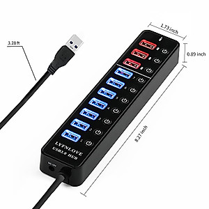 LYFNLOVE Powered USB Hub,11 Port 48W Data Charging Hub with 7 USB 3.0 Ports and 4 Smart Charging Ports,USB 3.0 Splitter with On/Off Switches for Laptop,PC, Computer,TV, HDD, Flash Drive and More