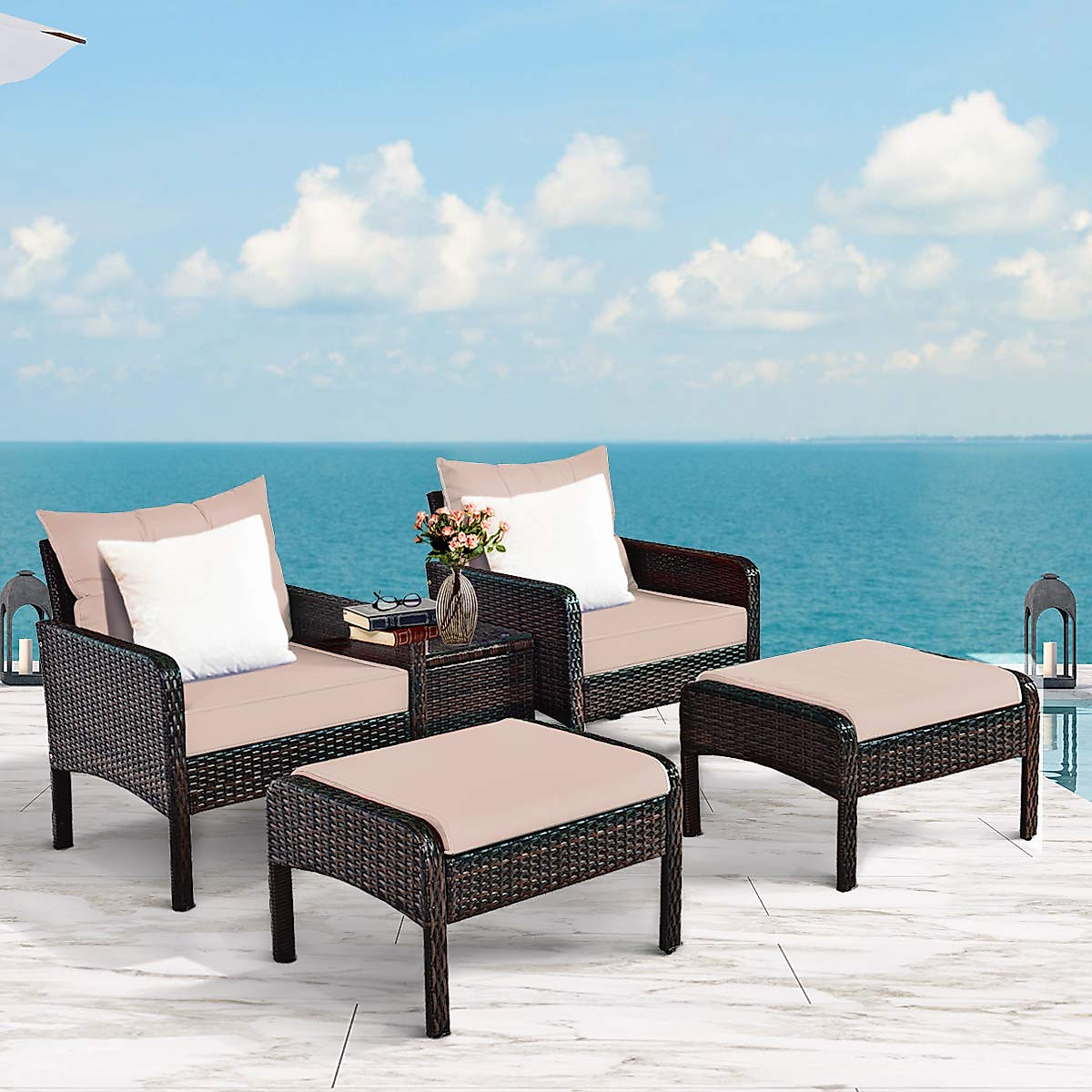 Tangkula Wicker Furniture Set 5 Pieces PE Wicker Rattan Outdoor All Weather Cushioned Sofas and Ottoman Set Lawn Pool Balcony Conversation Set Chat Set