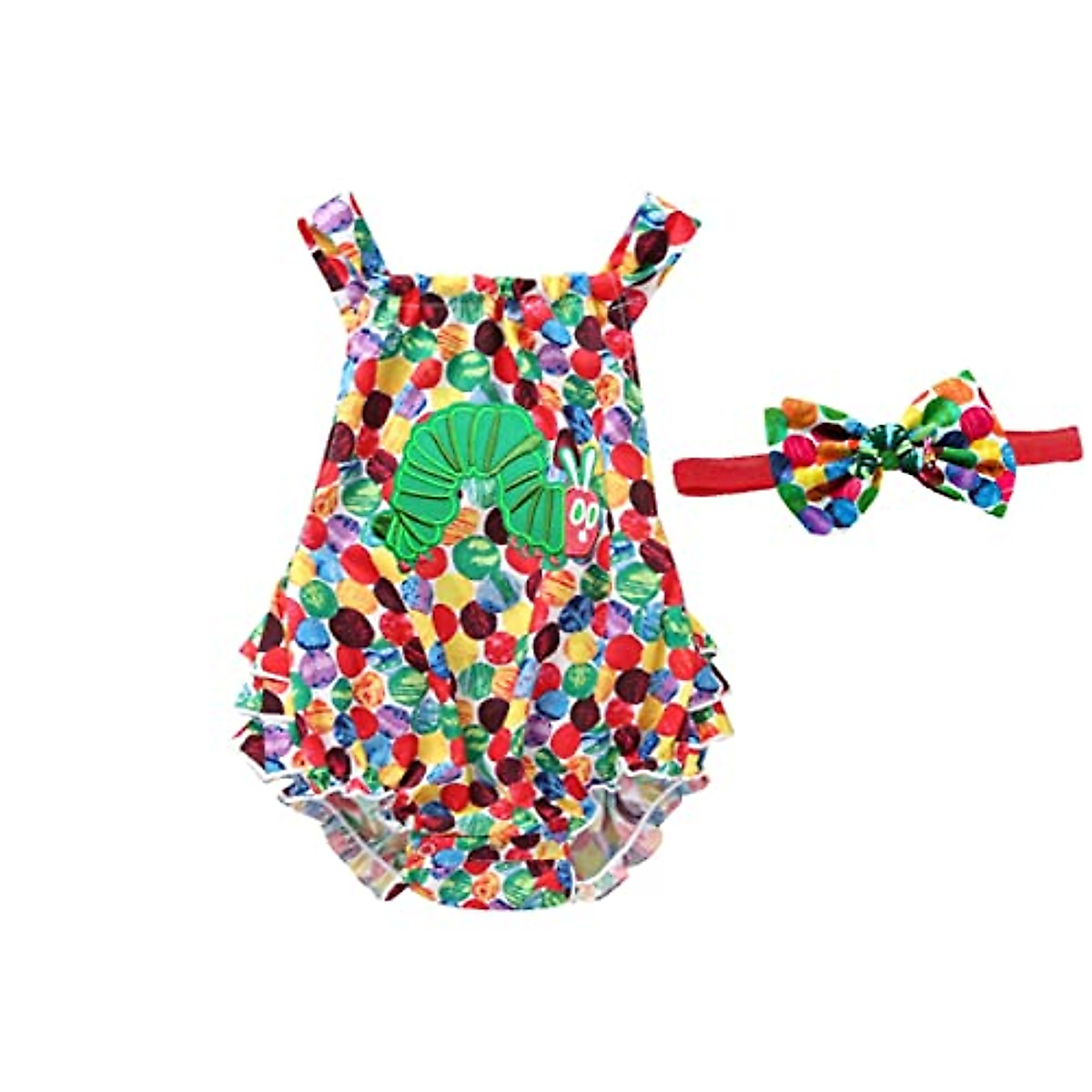 Girl First Second Birthday Outfit Cake Smash The Very Hungry Caterpillar Headband Romper Dress Jumpsuit Bodysuit Set Clothes (Romper and Headband, 12-18 months)