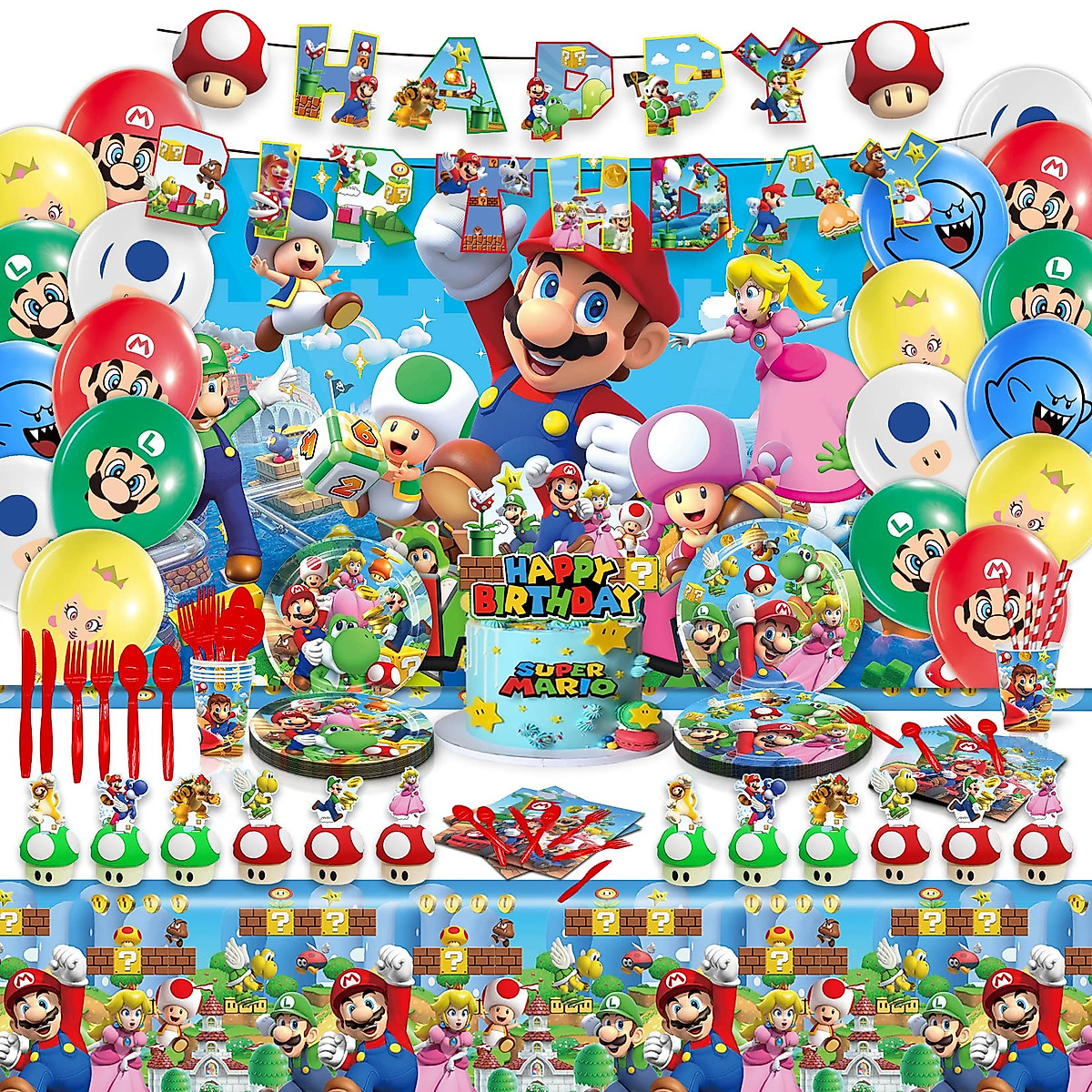 Mario Birthday Party Supplies, 116PCS Mario Party Decorations Include Banners, Backdrop, Plates, Tablecloth, Cup, Forks, Spoons, Cake Topper, straw (10 Guests)