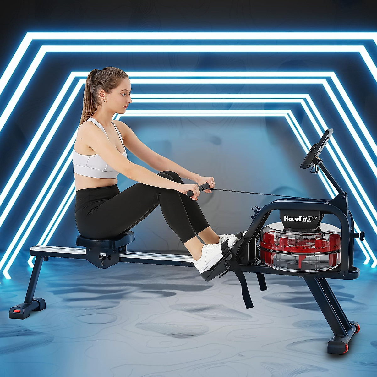 HouseFit Water Rower Rowing Machine with 330Lbs Weight Capacity for Home use Water Row Machine Exercise Equipment with iPad and Phone Support LCD Digital Monitor