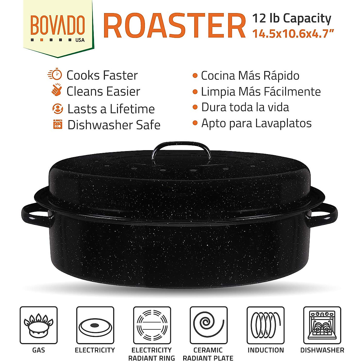 Bovado USA 15.25" Inch 12 lb Capacity Enamel Oval Turkey Roaster Pan + Lid - Thanksgiving Gift, Covered, Non-sticky, Chemical Free, Dishwasher Safe - (14.5 Inch Inner) Rôtissoire (Capacité de 5.45 kg)