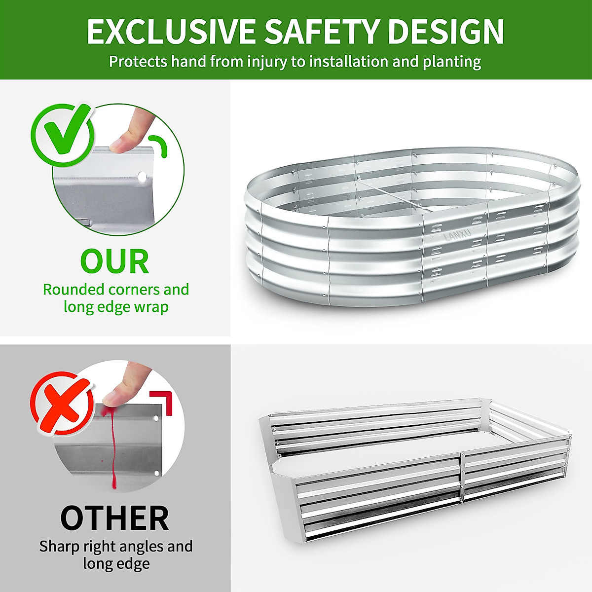 LANXU Galvanized Raised Garden Bed, 0.6MM Thickness, 4x2x1FT, Breathable Side Vents Metal Garden Planter for Vegetables Flowers Herbs