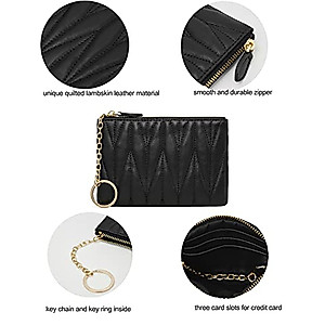 Soft Lambskin Leather Coin Purse Small Quilted RFID Blocking Top Zipper Wallet With Key Chain…