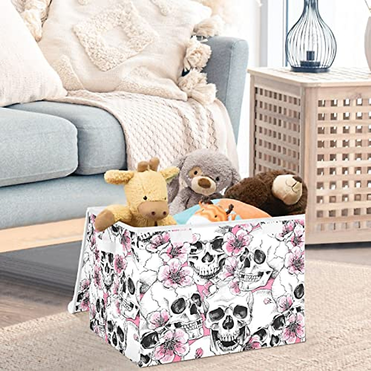 CaTaKu Skull Pink Cherry Storage Bins with Lids and Handles, Fabric Large Storage Container Cube Basket with Lid Decorative Storage Boxes for Organizing Clothes