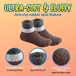 Debra Weitzner 6 Pairs Warm Fuzzy Socks for Kids with Grippers - Non Skid Slipper Socks for Toddlers - Dark Two Tone 6-10 Yr