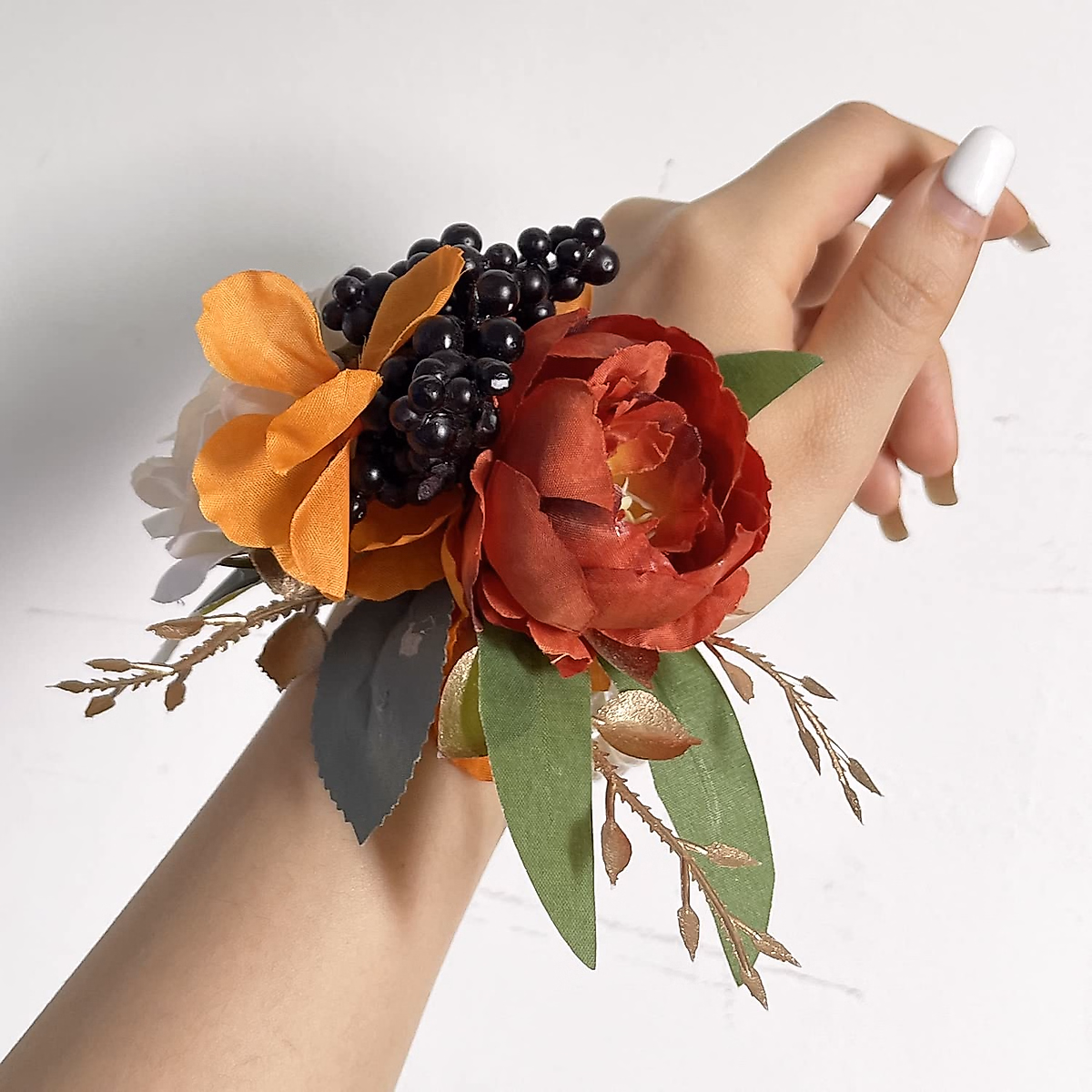 Rinlong Set of 6 Burnt Orange Wrist Corsage Wristlet Band Bracelet Wrist Flowers Wedding Bride Bridesmaid Flower Accessories Decoration