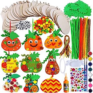 Winlyn 36 Sets Fall Pumpkin Decoration DIY Pumpkin Squash Gourd Wooden Ornaments Craft Kit Assorted Paintable Unfinished Wood Pumpkins Pom-Poms Googly Eyes for Kids Autumn Halloween Thanksgiving Décor
