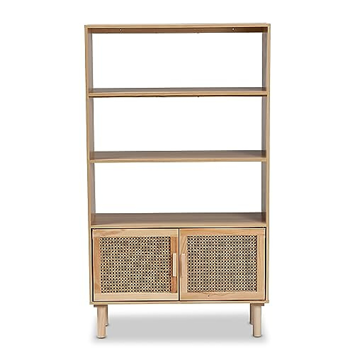 Baxton Studio Faulkner Mid-Century Modern Natural Brown Finished Wood and Rattan 2-Door Bookcase