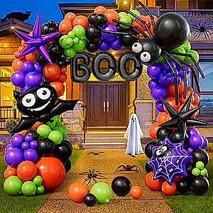 Bonropin 144pcs Halloween Balloon Garland Arch kit with Black Orange Green Purple Eyes Balloons, Bat Spider Boo Foil Balloons, Black Purple Explosion Star Foil Balloons for Halloween Party Decorations