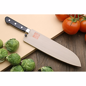 Yoshihiro Kurouchi Super Blue Steel Stainless Clad Santoku Multipurpose Chef Knife (7" (180mm) & Saya, Black Pakkawood Handle)