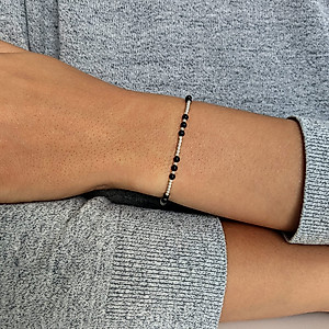 Silverly Women's 925 Sterling Silver 2 mm Small Thin Black Ball Beaded Elastic Stretch Bracelet