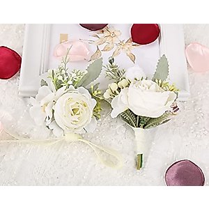 SDEERIT Set of 4 White Peony Wrist Corsages for Wedding,Boutonniere for Men Wedding Corsage Wristlet Mother of Bride and Groom, Prom Flowers Suit Party and Vintage Wedding Decorations