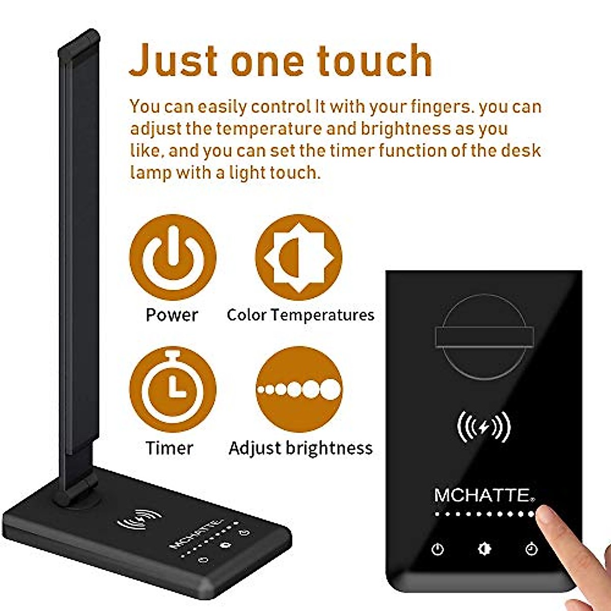 mchatte LED Desk Lamp with Wireless Charger, USB Charging Port, Dimmable Eye-Caring Desk Light with 5 Brightness Levels & 5 Lighting Modes, Touch Control, Auto Timer (Black)