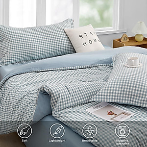 SAPHREAS Home Twin Light Blue Plaid Duvet Cover 100% Washed Cotton Soft Comforter Cover Simple Style 2pcs 1 Blue Grid Duvet Cover with Zipper Ties 1 Pillowsham