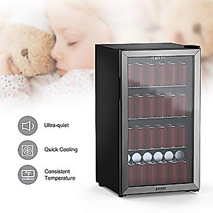 Galanz Beverage Refrigerator Cooler - 130 Can Mini Fridge with Reversible Glass Door & Adjustable Shelves for Soda Beer or Wine - Small Refrigerator for home office or Bar Stainless steel GLB36MS2F07