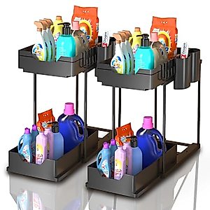 Auzeuner 2 Pack Under Sink Organizers and Storage, 2-Tier Sliding Cabinet Basket Organizer with Hooks Hanging Cup, Multi-Purpose Under Sink Organizers and Storage for Bathroom Kitchen, (Black)