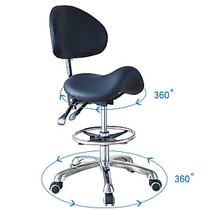 FOHGFNT Saddle Stool Rolling Chair with Back Support Ergonomic Seat Hydraulic Adjustable with Footrest for Home Office Dental Salon Shop Use, Black…