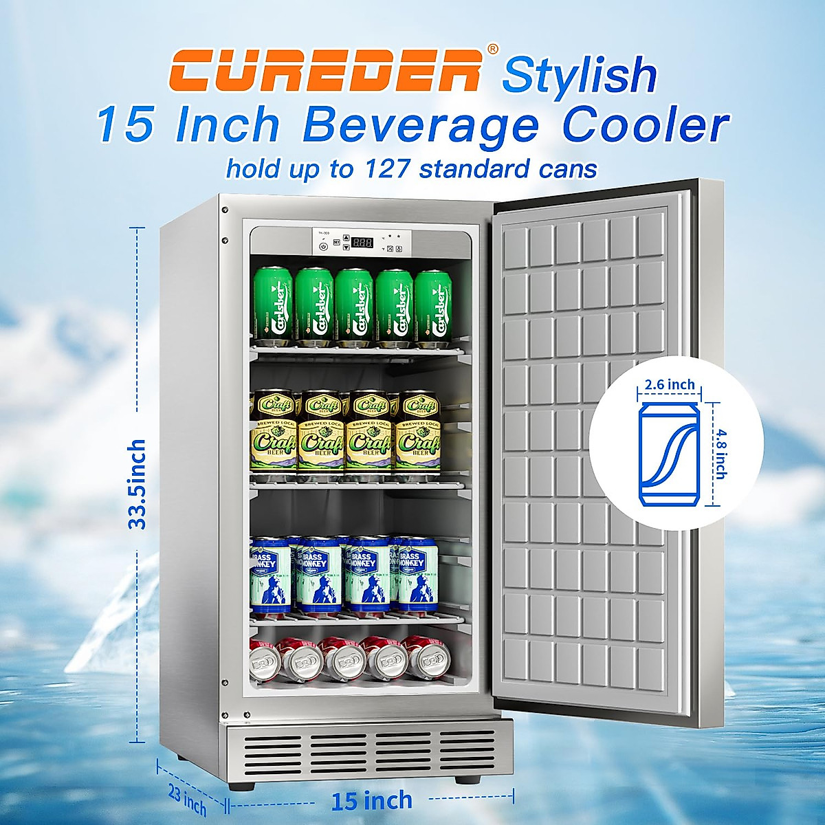 cureder 15 Inch Outdoor Refrigerator, Weather Proof Stainless Steel Beverage Beer Cooler Under Counter Fridge, Indoor/Outdoor Refrigerator with 3 Shelves for Patio Kitchen and Commercial Use