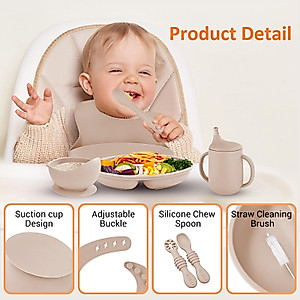 Baby Led Weaning Supplies, 11-Piece Silicone Baby Feeding Set Baby Plates and Utensils Set Infant Feeding Set Suction Plates and Suction Bowls For 6+ Months Toddler (Beige)