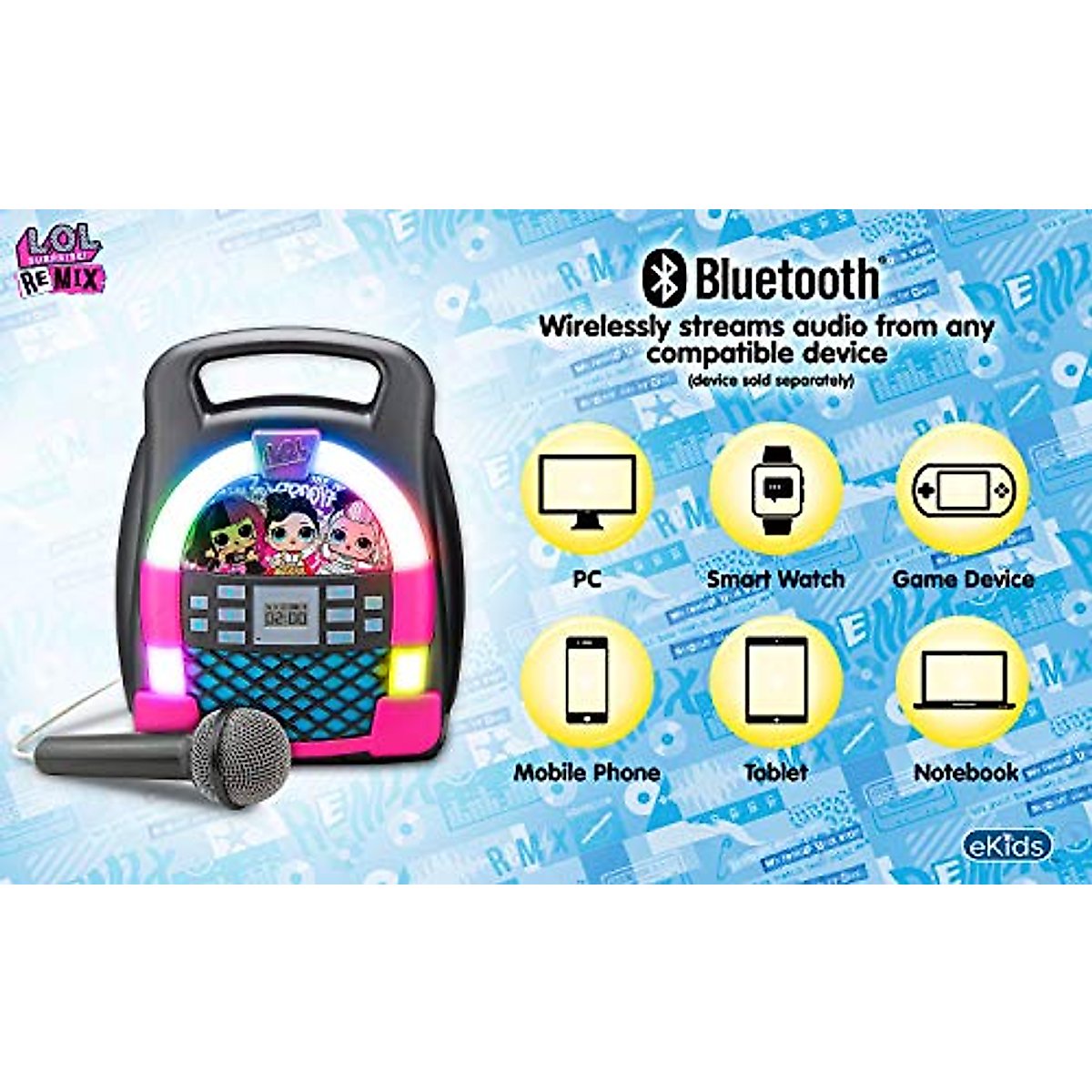 LOL Surprise! Remix OMG Bluetooth Karaoke Machine MP3 Player Portable with LED Disco Light Show, Store Hours of Music with Built in Memory, Record, Real Working Microphone, USB Port