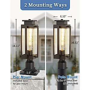 EERU Outdoor Post Light Fixtures 18" Large Exterior Post Lantern with Pier Mount Base IP65 Waterproof Black Finish with Seeded Glass Pier Mount Light Outdoor Pole Light for Patio, Porch, Yard, Garden