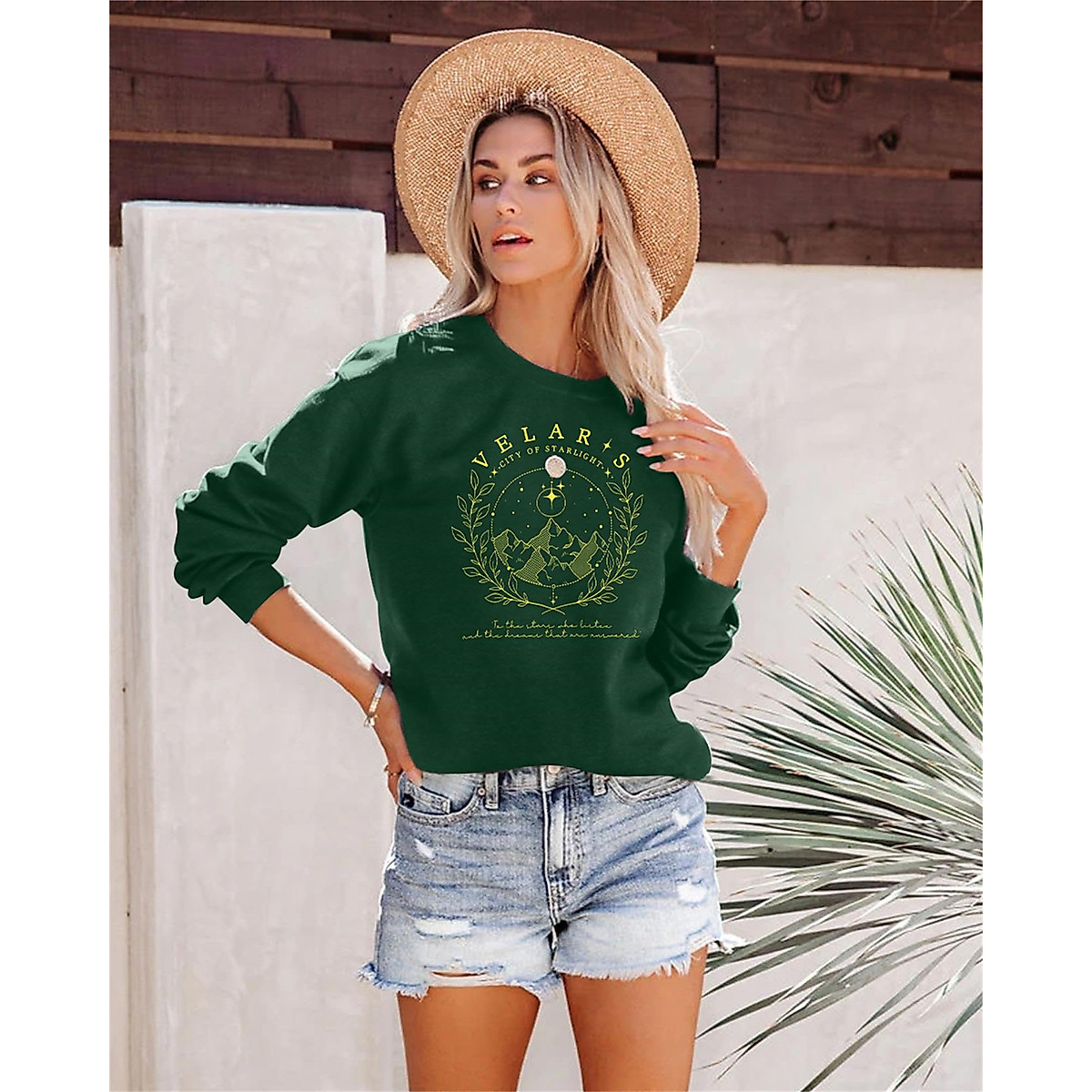 VILOVE Acotar Velaris Sweatshirt Women City Of Starlight Pullover Vintage Stars Graphic Shirt Causal Long Sleeve Hoodie Green