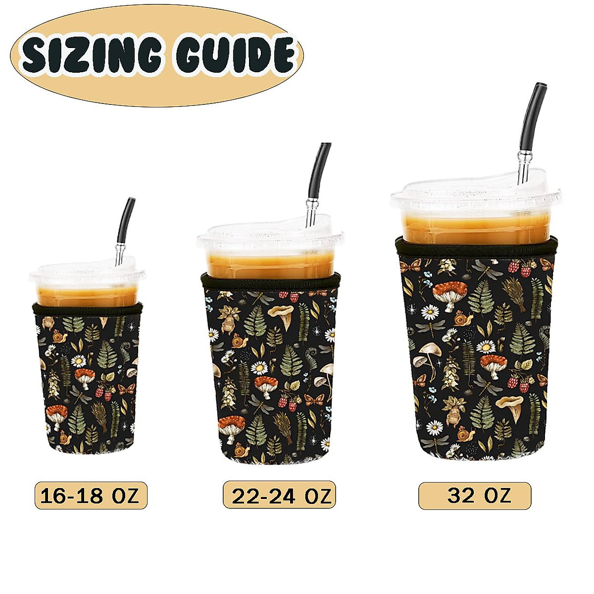 Reusable Insulated Neoprene Iced Coffee Cup Sleeve, Durable Drink Sleeve for Cold Beverages, Beverage Holder for iced coffee (Mushroom Mirage)