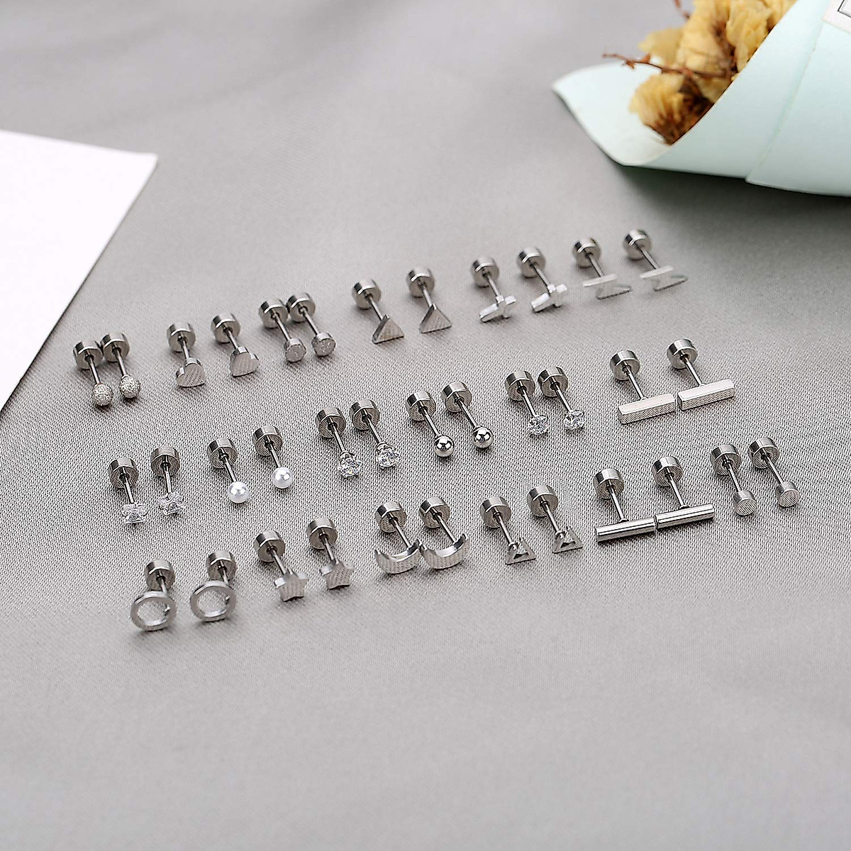 Flat Back Earrings Hypoallergenic,18 Pairs Stainless Steel Flat Back Stud Earrings for Women Men 20G Star Moon Heart Disc Ball CZ Cartilage Earrings Screw Back Flatback Earrings for Sensitive Ears