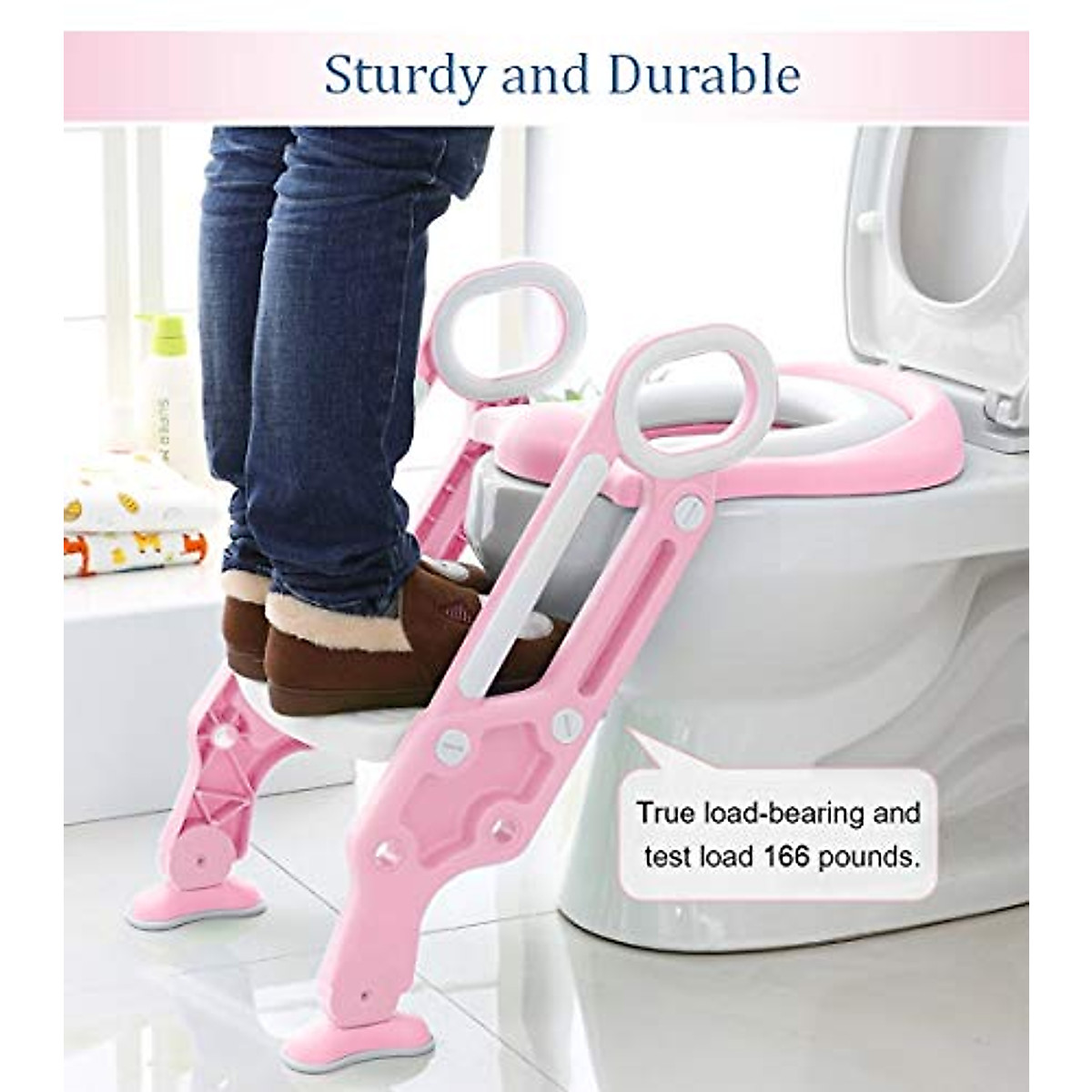 Potty Training Seat with Step Stool Ladder and Handles for Baby Toddler Kid Children Boys and Girls Toilet Training Chair with Padded Soft Cushion and Non-Slip Wide Step (Pink White)