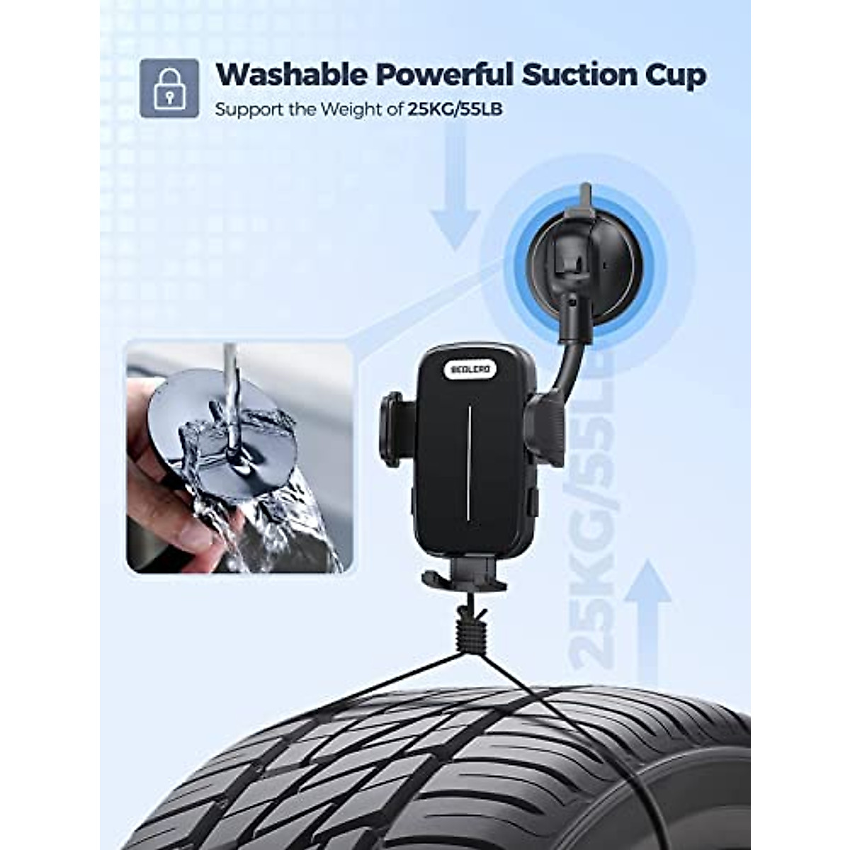 Car Cell Phone Holder Mount, 2 in 1 Dashboard Windshield Phone Mount for Car with Stabilizer, Car Phone Mount Windshield with Super Sticky Gel Suction Cup, iPhone Holder for Car Fit for All Phones