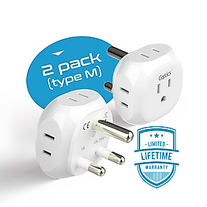 Ceptics South Africa Travel Plug Adapter South Africa Power Adapter Charger 4 Input - USA to Any Type M Countries Such as Botswana, Namibia and More - 2 Pack (PT-10L), White (PT-10L-2PK)