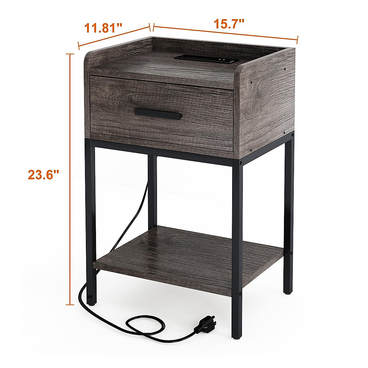 Fixwal Night Stand with Charging Station, Bed Side Table with Storage Drawer, End Table with USB-Ports and Outlets, Rustic Grey