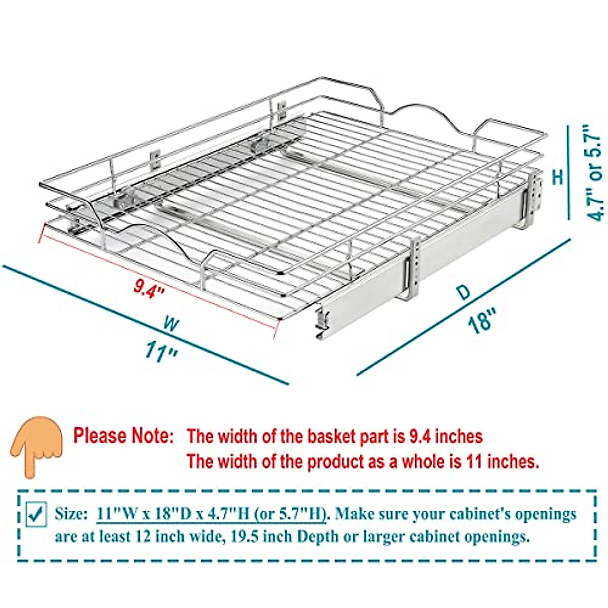 OCG Pull Out Cabinet Organizer (11" W x 18" D), Pull out Drawers for Kitchen Cabinets, Pull Out Shelves for Base Cabinet Organization in Kitchen Bathroom Pantry, Chrome Finish