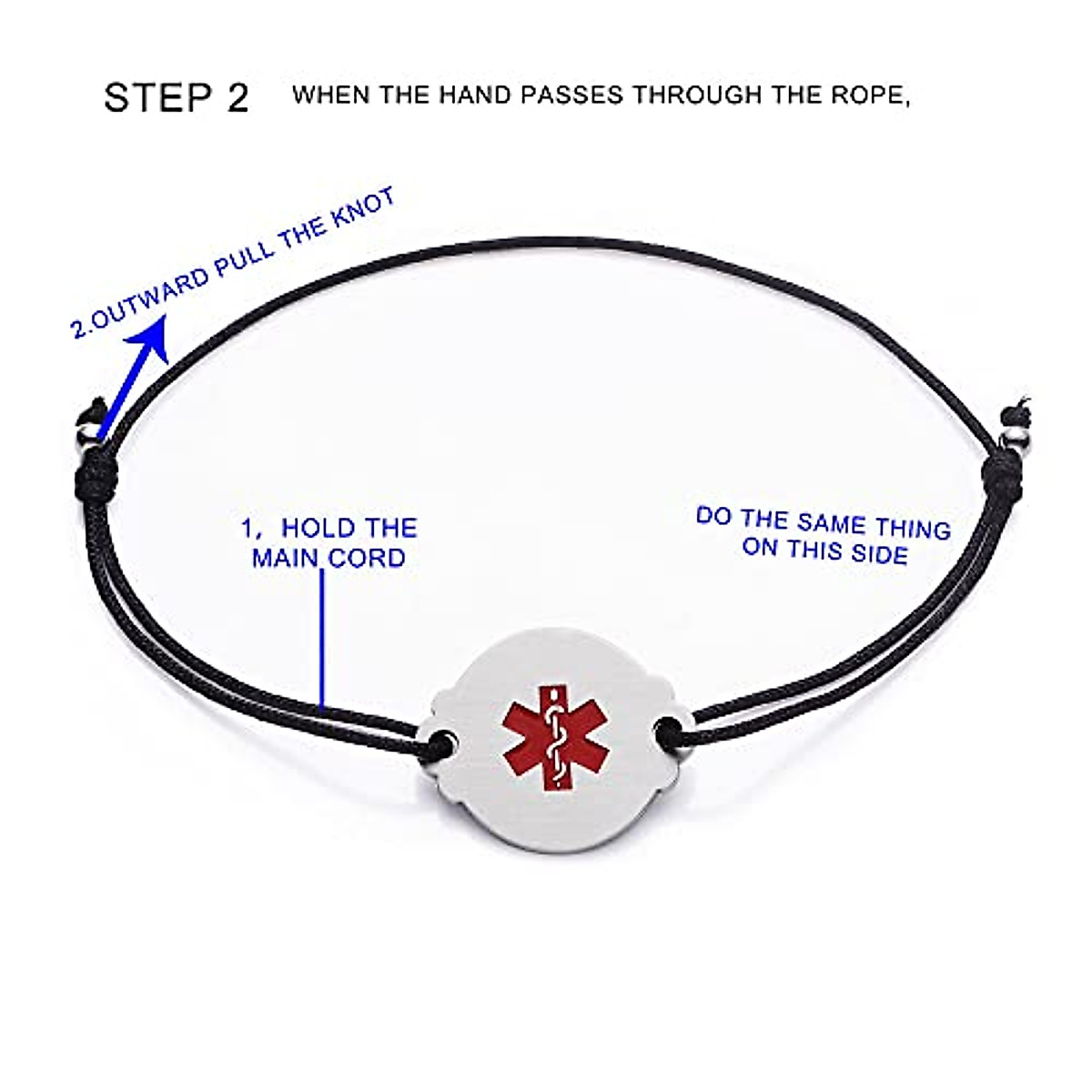 LinnaLove Medical Alert Bracelet for Women Adjustable Handmade Cord Medical ID bracelets with personalized Customize engraved-Black