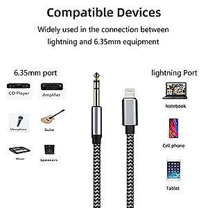 Lightning to 6.35mm 1/4 inch TRS Audio Stereo Cable for iPhone 12/11/X/XS/XR/8/7/iPad/iPod, Amplifier, Speaker, Headphone, Mixing Console 6.6Feet