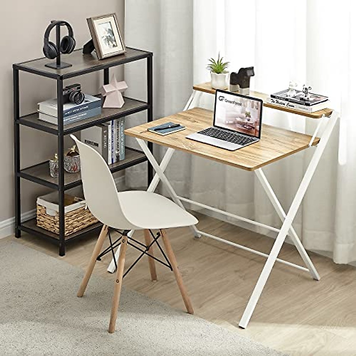 GreenForest Folding Desk No Assembly Required Fully Unfold 32 x 24.5 inch, 2-Tier Small Computer Desk with Shelf Space Saving Laptop Study Foldable Table for Small Spaces, Oak