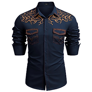 COOFANDY Western Shirts for Men with Snap Buttons Regular Fit Printed Mens Long Sleeve Shirts Casual Blue Large
